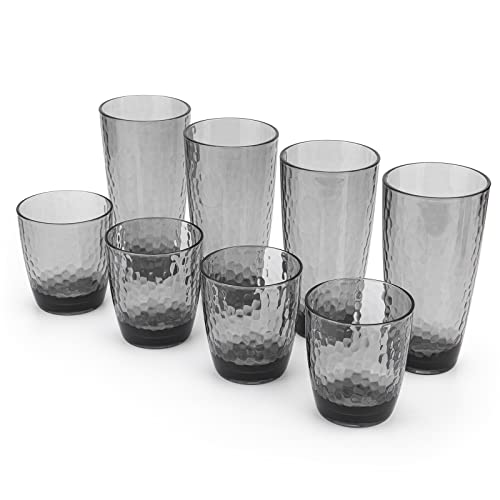 KOXIN-KARLU Hammered 15-ounce and 26-ounce Plastic Tumbler Acrylic Glasses, set of 8 Smoky Grey