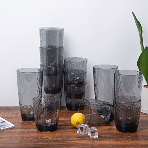 KOXIN-KARLU Hammered 15-ounce and 26-ounce Plastic Tumbler Acrylic Glasses, set of 8 Smoky Grey