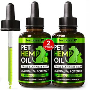 pet hemp oil drops treats for dogs and cats - anxiety, stress, pain - calming aid - hip and joint support relief -and skin health - rich in omega 3-6-9 - made in usa, (2 pack)