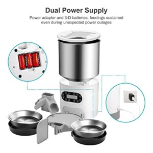 Automatic Cat Feeder for Two Cats, NautyPaws Dry Food Dispenser with Splitter and Two Stainless Bowls, 10s Meal Call and Timer Setting, Dual Power Supply Pet Feeder for Cats & Dogs