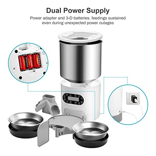 Automatic Cat Feeder for Two Cats, NautyPaws Dry Food Dispenser with Splitter and Two Stainless Bowls, 10s Meal Call and Timer Setting, Dual Power Supply Pet Feeder for Cats & Dogs