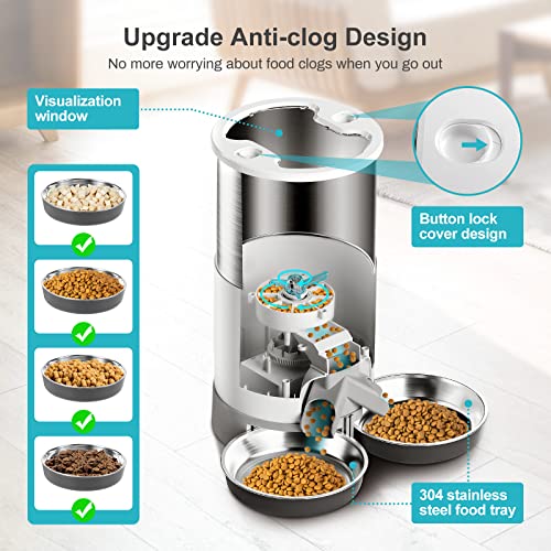 Automatic Cat Feeder for Two Cats, NautyPaws Dry Food Dispenser with Splitter and Two Stainless Bowls, 10s Meal Call and Timer Setting, Dual Power Supply Pet Feeder for Cats & Dogs