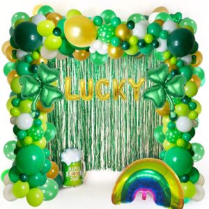 St.Patricks Day Party Decorations Garland, Ireland Party Decorations Lucky Rainbow Shamrocks Mylar Balloons 18" 10" 5" Latex Balloons Green Gold White for Birthday Baby Shower Bachelorette Supplies