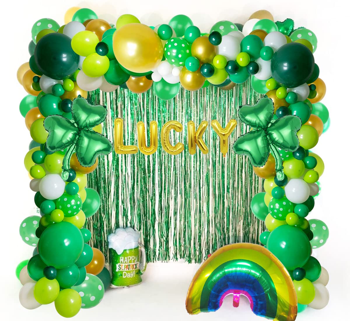 St.Patricks Day Party Decorations Garland, Ireland Party Decorations Lucky Rainbow Shamrocks Mylar Balloons 18" 10" 5" Latex Balloons Green Gold White for Birthday Baby Shower Bachelorette Supplies