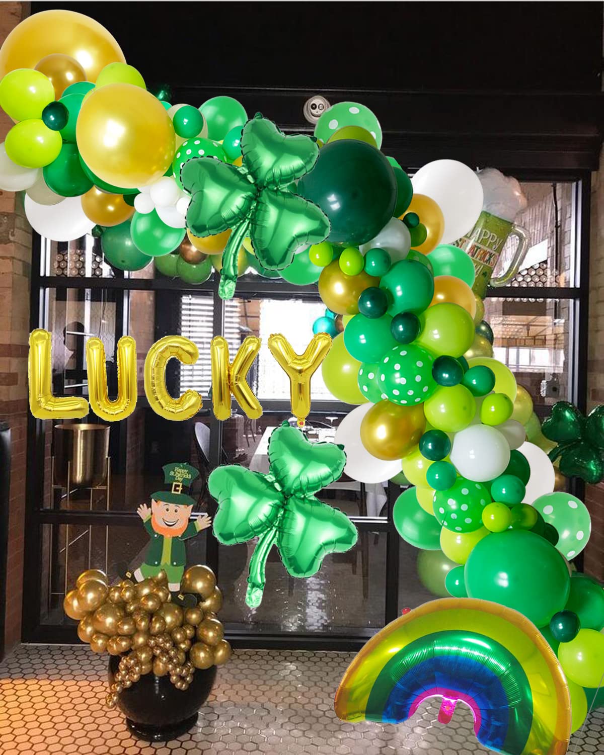 St.Patricks Day Party Decorations Garland, Ireland Party Decorations Lucky Rainbow Shamrocks Mylar Balloons 18" 10" 5" Latex Balloons Green Gold White for Birthday Baby Shower Bachelorette Supplies