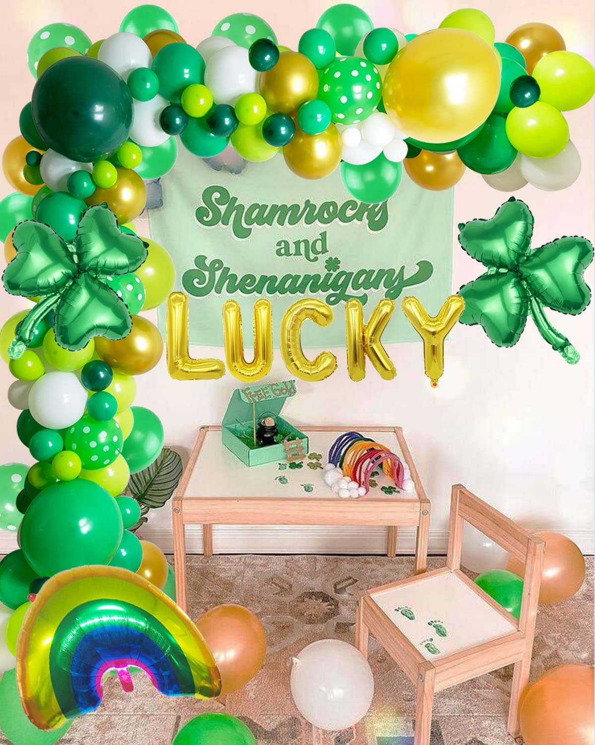 St.Patricks Day Party Decorations Garland, Ireland Party Decorations Lucky Rainbow Shamrocks Mylar Balloons 18" 10" 5" Latex Balloons Green Gold White for Birthday Baby Shower Bachelorette Supplies