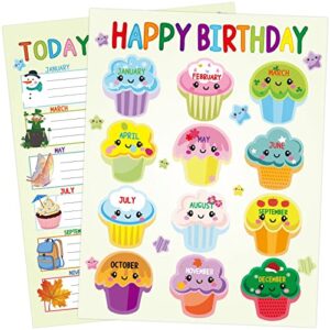 FANCY LAND Cupcake Happy Birthday Poster Chart 2PCS 17" x 22" Cupcake Birthday Poster Monthly Birthday Chart Class Birthday Decoration