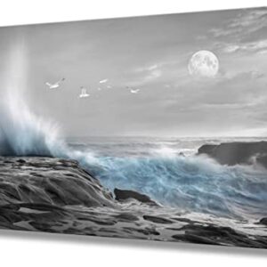 Large Framed Wall Art Canvas Ocean Decor Beach Theme Living room Bedroom Wall art Black White Blue Ocean Waves Seagulls Moon Picture Decoration Office Posters Art Wall Paintings, Ready to Hang 30"x60"