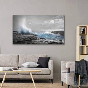 Large Framed Wall Art Canvas Ocean Decor Beach Theme Living room Bedroom Wall art Black White Blue Ocean Waves Seagulls Moon Picture Decoration Office Posters Art Wall Paintings, Ready to Hang 30"x60"