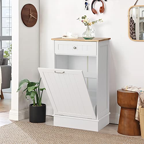 KIGOTY Tilt Out Trash Can Cabinet, Free Standing Kitchen Garbage Bin Holder with Hideaway Drawer and Countertop, Wooden Pet-Proof Recycling Trash Cabinet Laundry Hamper, White