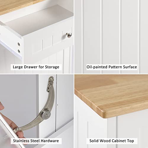 KIGOTY Tilt Out Trash Can Cabinet, Free Standing Kitchen Garbage Bin Holder with Hideaway Drawer and Countertop, Wooden Pet-Proof Recycling Trash Cabinet Laundry Hamper, White