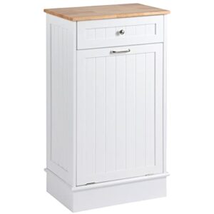 KIGOTY Tilt Out Trash Can Cabinet, Free Standing Kitchen Garbage Bin Holder with Hideaway Drawer and Countertop, Wooden Pet-Proof Recycling Trash Cabinet Laundry Hamper, White