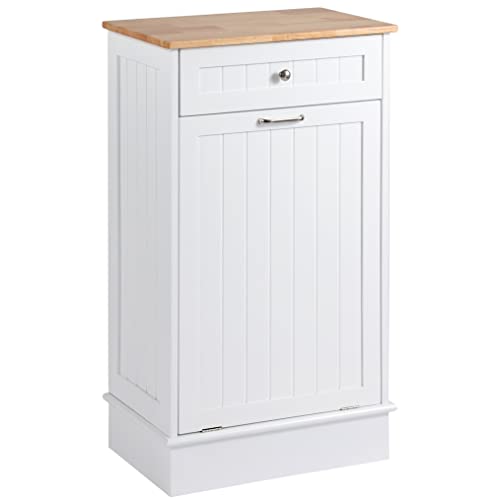 KIGOTY Tilt Out Trash Can Cabinet, Free Standing Kitchen Garbage Bin Holder with Hideaway Drawer and Countertop, Wooden Pet-Proof Recycling Trash Cabinet Laundry Hamper, White