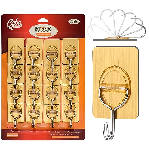 CGBE Adhesive Wall Hooks Heavy Duty Hooks for Hanging 11 lbs (Max) Seamless Adhesive Hooks for Hanging Keys Coats Hats Bags Ceiling (16pcs, Gold)