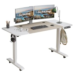 suhapup electric height adjustable standing desk, 55 x 24 inches sit - stand desk for work or home office push button memory settings oak+white splice board/white frame