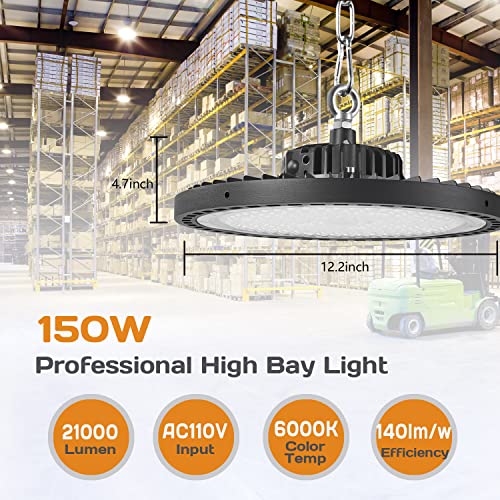 ICEKO KN [2-Pack] UFO LED High Bay Lights,LED Shop Light 150W/21000LM/6000K/(Eqv.400W HID),with Hanging Chain,Safe Rope,6ft Power Cable&Plug,for Barn,Garage,Warehouse,Basement,Workshop,Wet Location