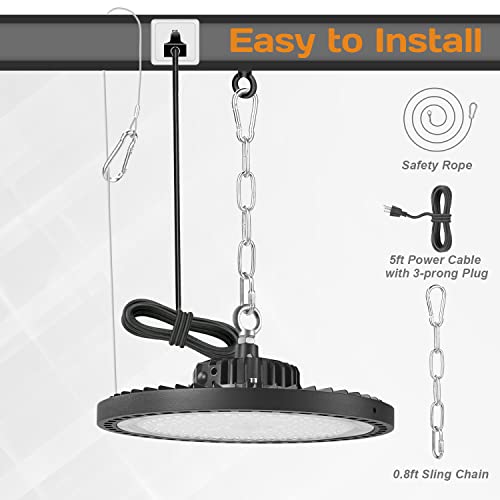 ICEKO KN [2-Pack] UFO LED High Bay Lights,LED Shop Light 150W/21000LM/6000K/(Eqv.400W HID),with Hanging Chain,Safe Rope,6ft Power Cable&Plug,for Barn,Garage,Warehouse,Basement,Workshop,Wet Location