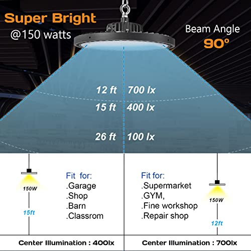 ICEKO KN [2-Pack] UFO LED High Bay Lights,LED Shop Light 150W/21000LM/6000K/(Eqv.400W HID),with Hanging Chain,Safe Rope,6ft Power Cable&Plug,for Barn,Garage,Warehouse,Basement,Workshop,Wet Location