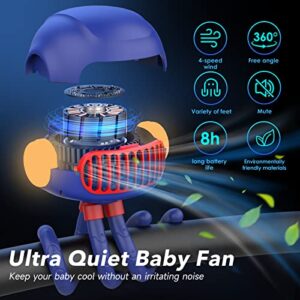 Inverter Table Fans With LED Lights｜USB Fans Rechargeable 4000mAh Portable Robot Flexible Tripod Clip ｜4 Speeds, 360°Adjustment, for Baby Stroller, Bedside, Desktop｜Where You Can Stand and Hang (Blue)