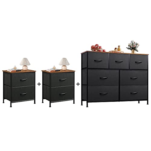 WLIVE 2-Drawer Nightstand and 7-Drawer Dresser Set, Fabric Storage Tower for Bedroom, Hallway, Nursery, Closets, Tall Chest Organizer Unit with Textured Print Fabric Bins, Steel Frame