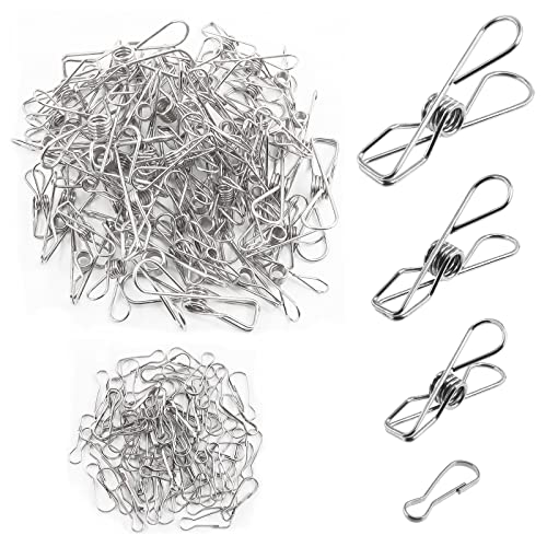 Rustark 145Pcs Stainless Steel Clothespin Clips with Spring Hooks Assortment Kit Heavy Duty Multipurpose Metal Wire Utility Clips Windproof Clothes Pegs for Outdoor Clothesline Home Kitchen