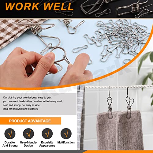 Rustark 145Pcs Stainless Steel Clothespin Clips with Spring Hooks Assortment Kit Heavy Duty Multipurpose Metal Wire Utility Clips Windproof Clothes Pegs for Outdoor Clothesline Home Kitchen