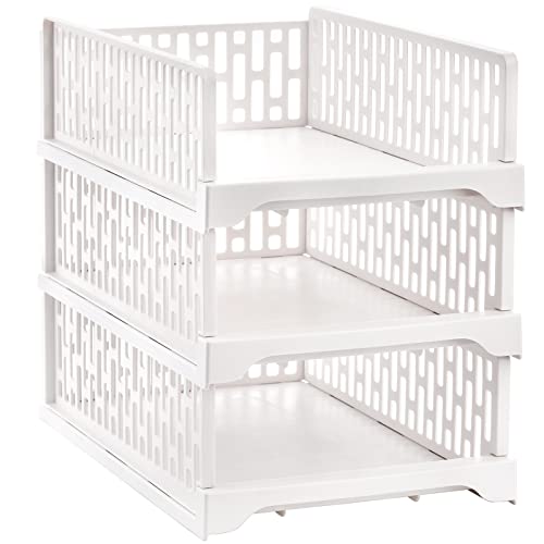 AVLA 3 Pack Stackable Plastic Storage Basket, Foldable Closet Organizers Wardrobe Storage Bins, Storage Container for Cupboard, Bedroom, Bathroom, Kitchen, Office, 17 x 11 x 6.5 Inches