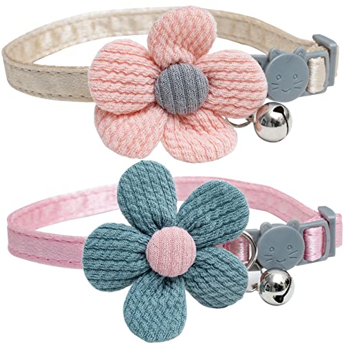 2 Pack Cotton Breakaway Cat Collars with Bell Cat Flower Collar for Female Girl Cats Male Boy Cats Pink&Gray