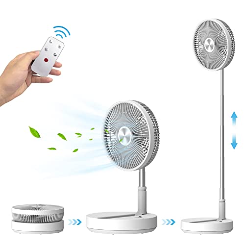 CooCoCo 10" Foldable Portable Fan, 7200mAh Battery Operated Rechargeable Fan, Height Adjustable Oscillating Fan with Remote Control Standing Fan for Bedroom,Cordless Quiet Travel Fan, Home, Office