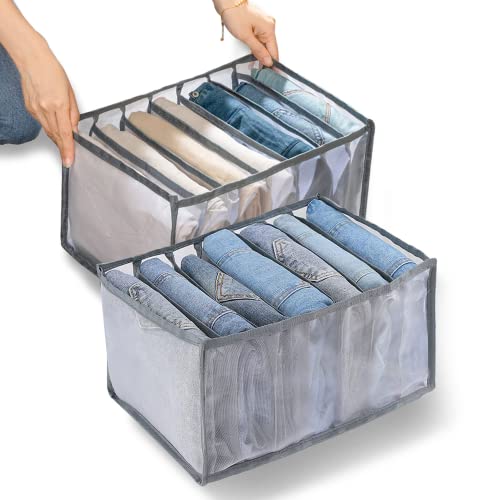 2 PCS Jeans Organization and Storage,7 Grids Wardrobe Clothes Compartment Organizer Storage Box,Washable Foldable Portable Closet Mesh Separation Box for Underwear,Leggings,Skirts,T-shirts,Jeans