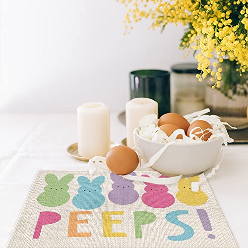 ARKENY Easter Placemats 12x18 Inches Set of 4, Bunny Rabbit Peeps Seasonal Farmhouse Burlap Indoor Kitchen Dining Table Decorations for Home Party AP047-18