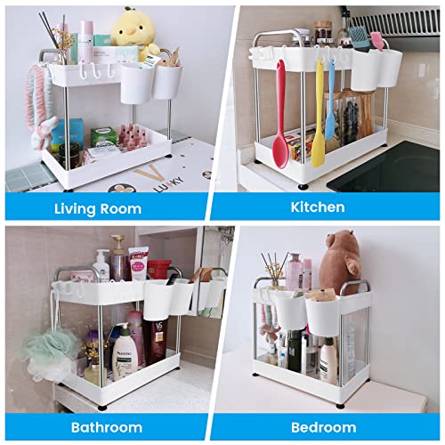 Cosy Life Under Sink Organizers and Storage, Kitchen Cabinet Organizer with 6 Hooks, 2 Hanging Cups and Anti-foot, 2 Tier Under Sink Organizers for Home Bathroom Kitchen