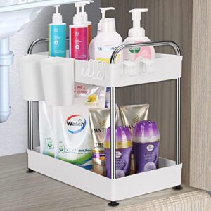 cosy life under sink organizers and storage, kitchen cabinet organizer with 6 hooks, 2 hanging cups and anti-foot, 2 tier under sink organizers for home bathroom kitchen