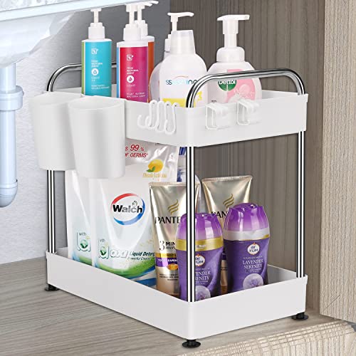 Cosy Life Under Sink Organizers and Storage, Kitchen Cabinet Organizer with 6 Hooks, 2 Hanging Cups and Anti-foot, 2 Tier Under Sink Organizers for Home Bathroom Kitchen