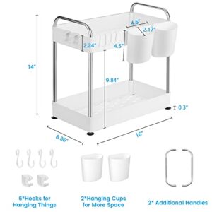 Cosy Life Under Sink Organizers and Storage, Kitchen Cabinet Organizer with 6 Hooks, 2 Hanging Cups and Anti-foot, 2 Tier Under Sink Organizers for Home Bathroom Kitchen