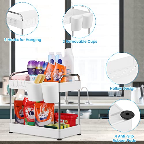 Cosy Life Under Sink Organizers and Storage, Kitchen Cabinet Organizer with 6 Hooks, 2 Hanging Cups and Anti-foot, 2 Tier Under Sink Organizers for Home Bathroom Kitchen