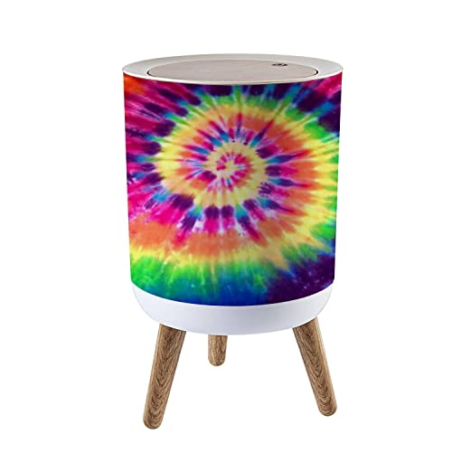 SHL96PZGX Small Trash Can with Lid Tie Dye with Wood Legs Wastebasket Simple Human Round Garbage Bin for Kitchen, Bathroom, 1.8 Gallon - 7L