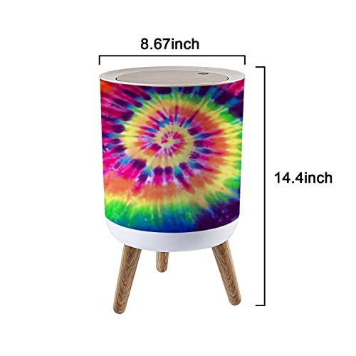 SHL96PZGX Small Trash Can with Lid Tie Dye with Wood Legs Wastebasket Simple Human Round Garbage Bin for Kitchen, Bathroom, 1.8 Gallon - 7L