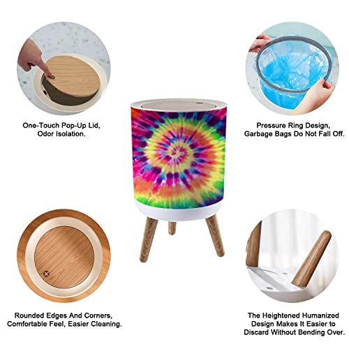 SHL96PZGX Small Trash Can with Lid Tie Dye with Wood Legs Wastebasket Simple Human Round Garbage Bin for Kitchen, Bathroom, 1.8 Gallon - 7L