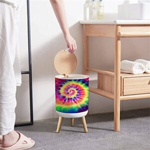 SHL96PZGX Small Trash Can with Lid Tie Dye with Wood Legs Wastebasket Simple Human Round Garbage Bin for Kitchen, Bathroom, 1.8 Gallon - 7L