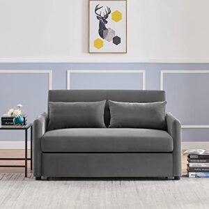 Garhelper Velvet Pull Out Sofa Sleeper,Convertible 3 in 1 Upholstered Loveseat Sleeper Sofa, Adjustable Backrest Save Space Compact Sofa Couch with 2 Lumbar Pillows and Side Pocket for Living Room