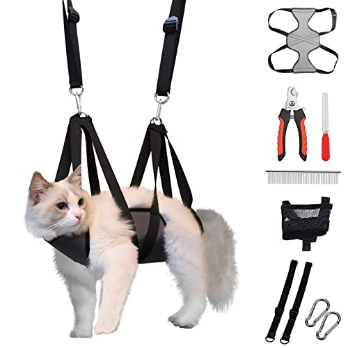 Dog Cat Pet Grooming Hammock Nail Trimming Kit, Dog Hanging Harness Cat Restraint for Nail Clipping, Dog Grooming Sling Hanger Set Supplies with Nail Clipper,Dog Muzzle,Nail File,Metal Comb (Grey-XS)