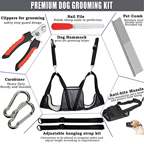 Dog Cat Pet Grooming Hammock Nail Trimming Kit, Dog Hanging Harness Cat Restraint for Nail Clipping, Dog Grooming Sling Hanger Set Supplies with Nail Clipper,Dog Muzzle,Nail File,Metal Comb (Grey-XS)