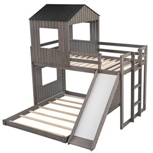 Harper & Bright Designs House Bunk Beds with Slide, Wood Twin Over Full Bunk Beds with Roof and Guard Rail for Kids, Toddlers, No Box Spring Needed (Antique Gray, Twin Loft Bed with Slide)