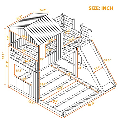 Harper & Bright Designs House Bunk Beds with Slide, Wood Twin Over Full Bunk Beds with Roof and Guard Rail for Kids, Toddlers, No Box Spring Needed (Antique Gray, Twin Loft Bed with Slide)