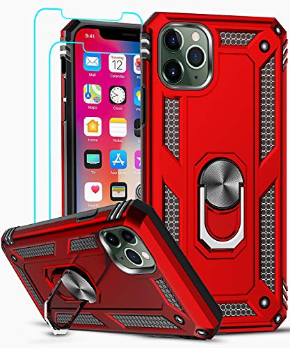 LeYi Compatible with iPhone 11 Pro Phone Case with [2Pack] Tempered Glass Screen Protector, [Military-Grade] Protective Phone Cover Case with Magnetic Ring Kickstand for iPhone 11 Pro 5.8 inch, Red