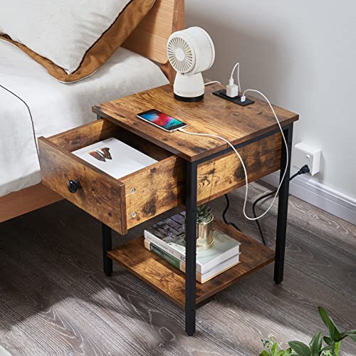 SUPERJARE Nightstand with Charging Station and USB Ports Set of 2, Side Table End Table with Drawer, Open Storage Shelf and Steel Frame, Bedside Table for Small Spaces, Rustic Brown