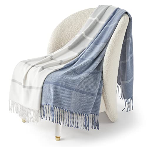 Bedsure Blue Throw Blanket with Tassel Woven Striped Cozy Soft Lightweight Plaid Decorative Blankets Knit Blanket for Couch Chair Bed Sofa in Spring Summer 50" x 60"