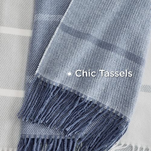 Bedsure Blue Throw Blanket with Tassel Woven Striped Cozy Soft Lightweight Plaid Decorative Blankets Knit Blanket for Couch Chair Bed Sofa in Spring Summer 50" x 60"