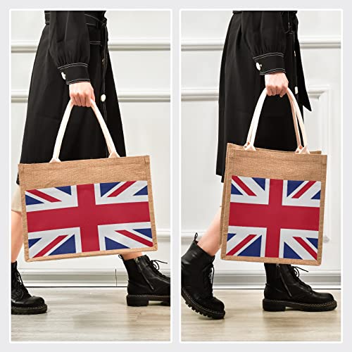 ALAZA Union Jack British Flag Fashion Jute Tote Bags Women Grocery Shopping Bags with Handles for Outdoor Travel 14.2 x 12.6 x 7.1 inches